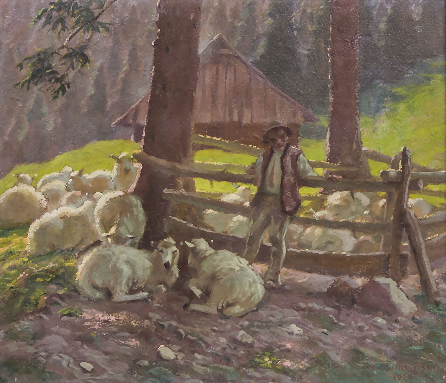 Zefiryn CWIKLINSKI (1871-1930), 'Schäfer am Gatter mit Schafherde ...